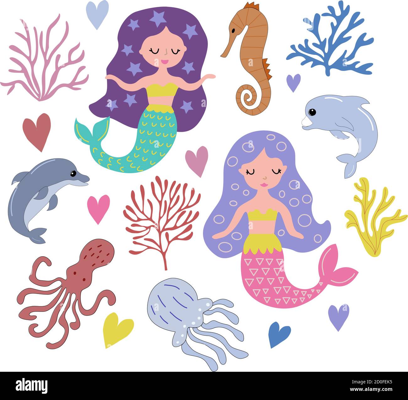Set of cute mermaids, corals, dolphins, octopuses on a white background ...