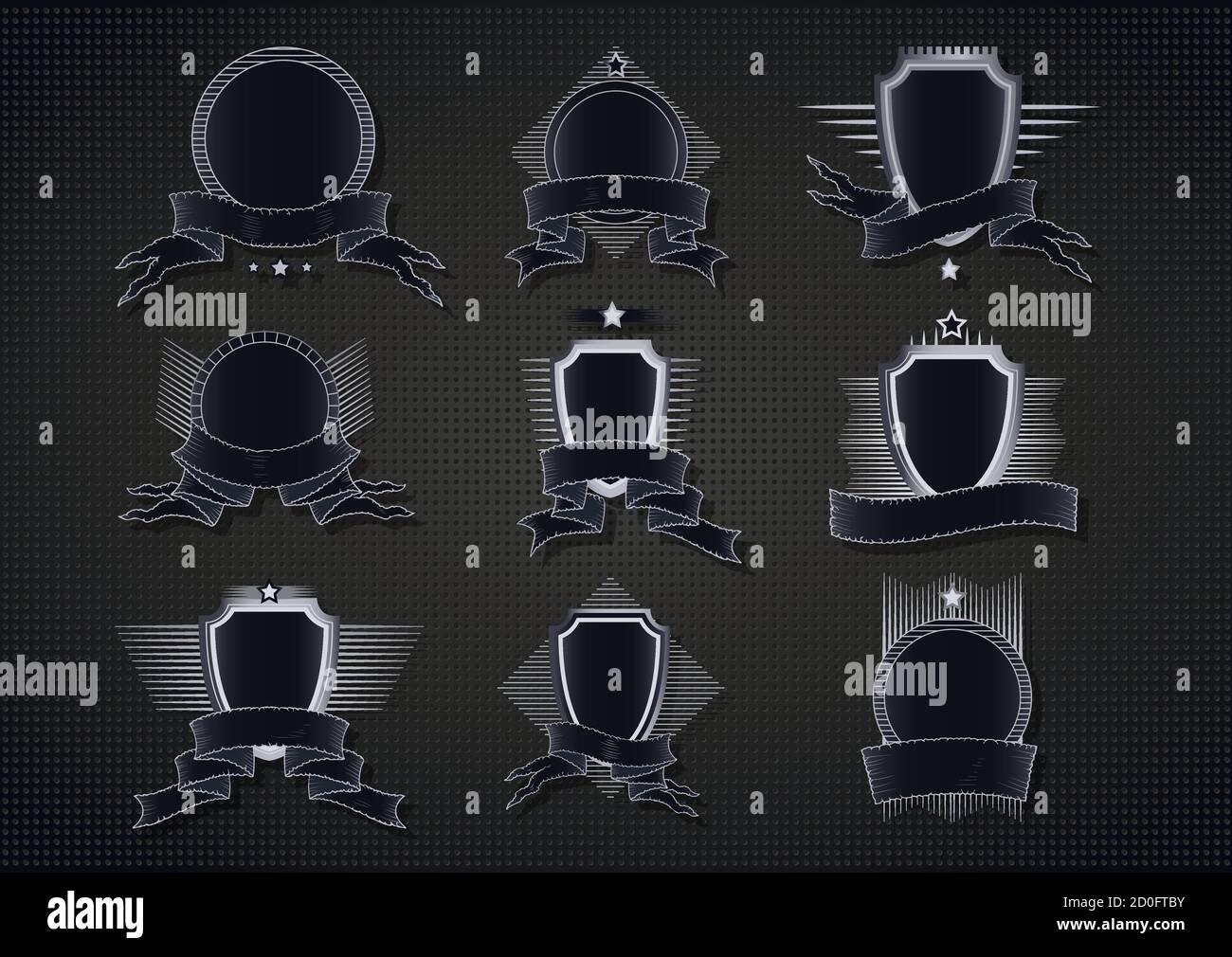 Vector set of old tattered banners and shields. In dark colors ...