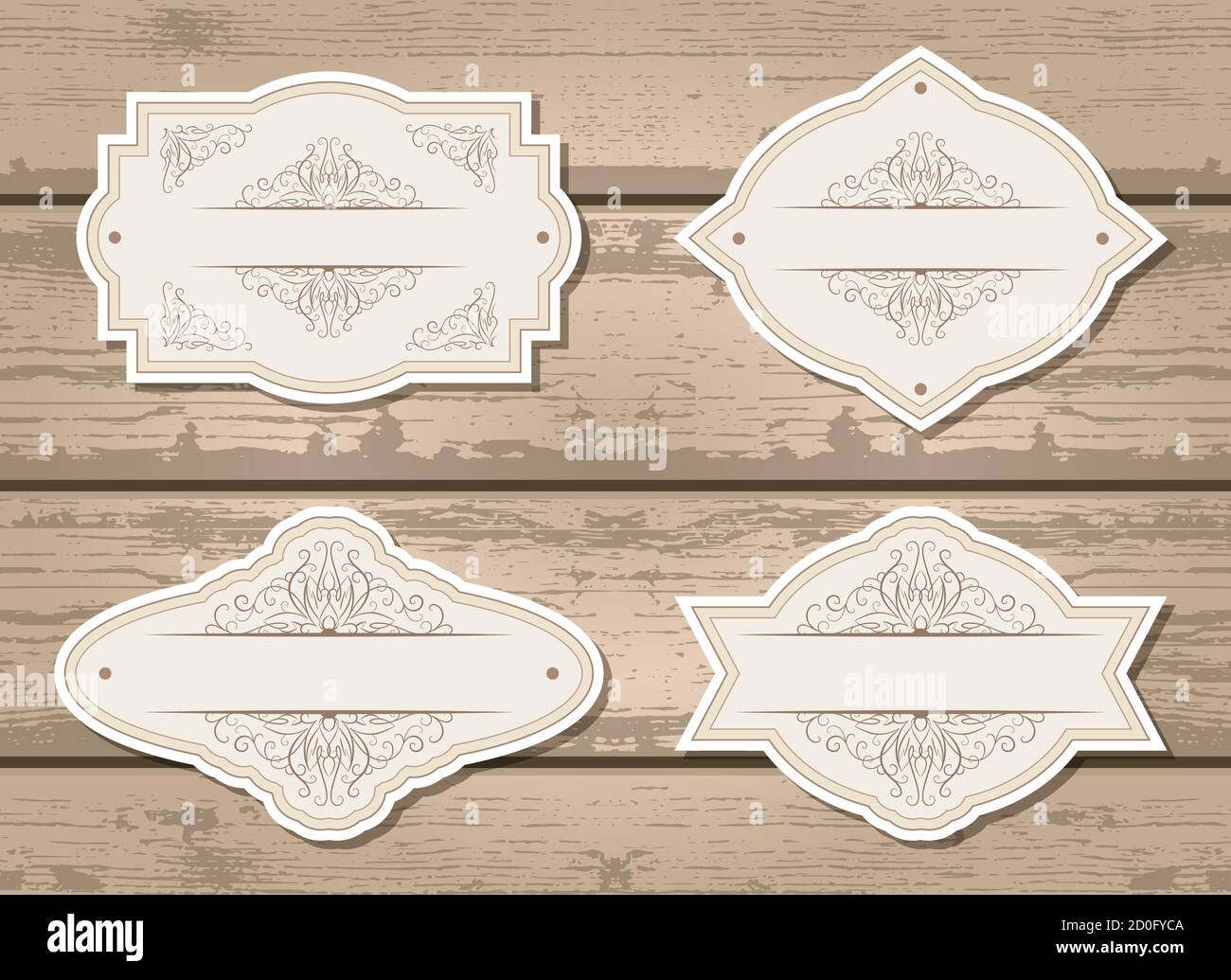 Vector set of labels with frames and decorative elements. On wooden ...