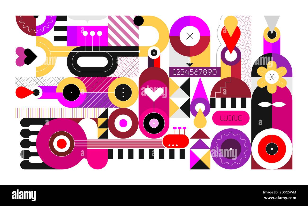 Abstract art design of wine bottles and music instruments isolated on a ...
