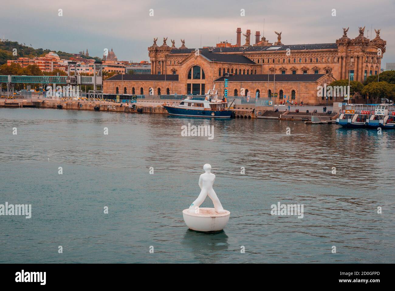 BARCELONA, CATALONIA, SPAIN - OCTOBER 10, 2016. Floating statue ...