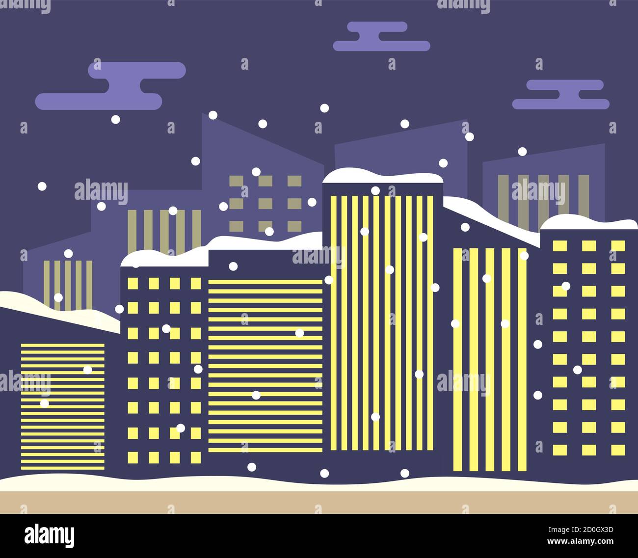 Winter night city landscape snowfall from sky and skyscrapers with ...