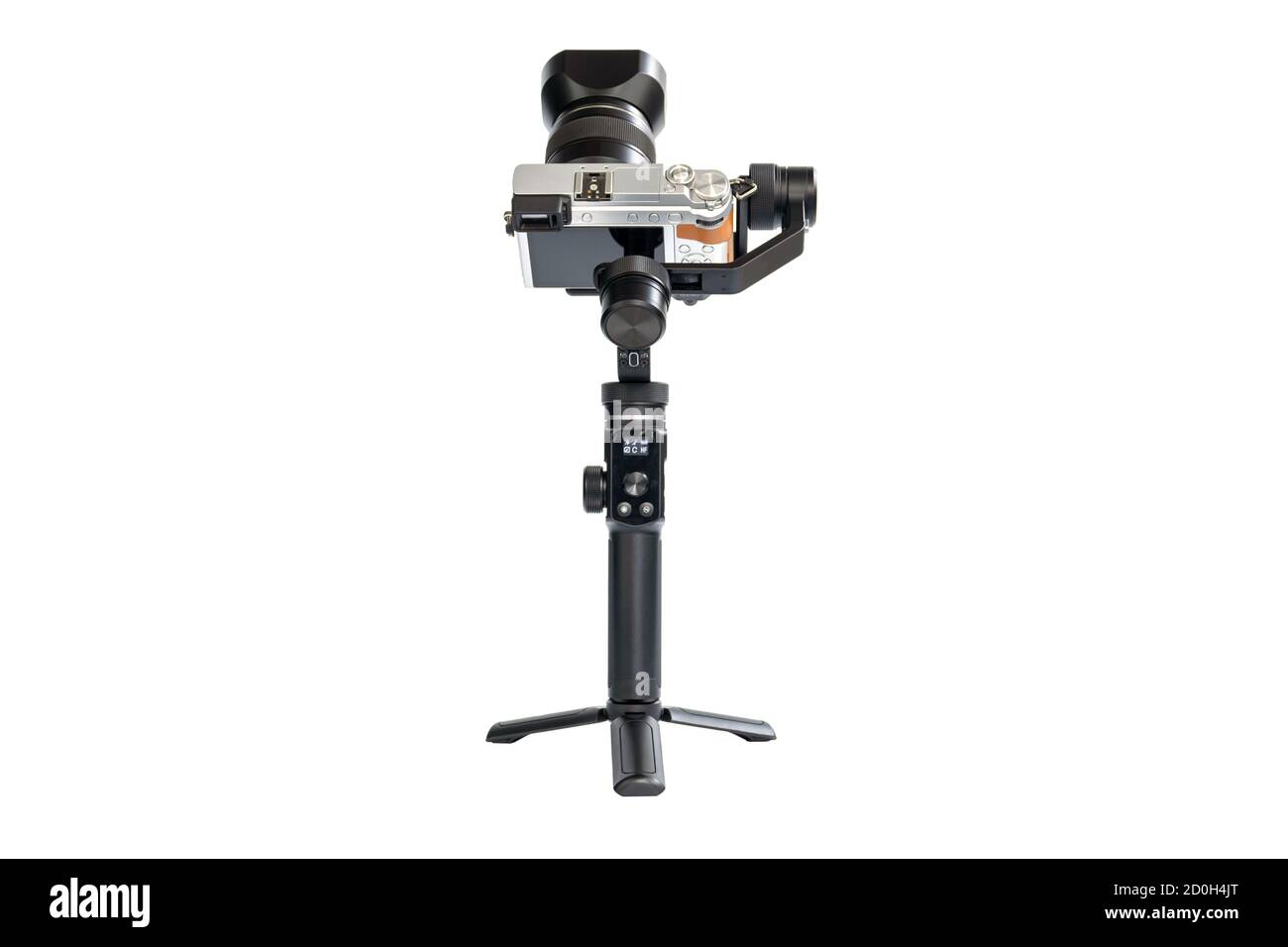 DSLR camera is mounted on a 3-axis motor stabilizer for smooth video ...