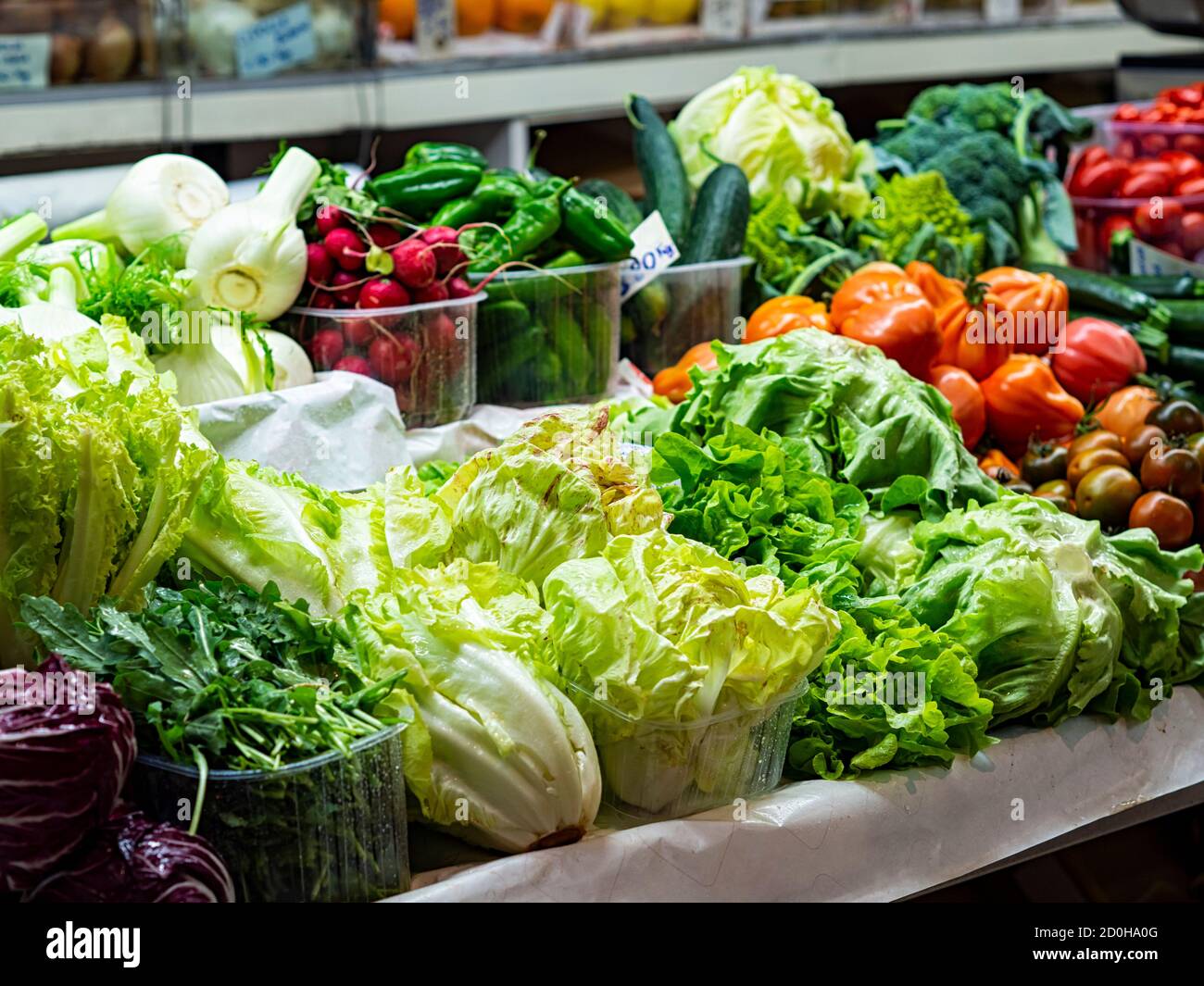 Organic vegetables and organic fruit at a vegetable counter hi-res ...