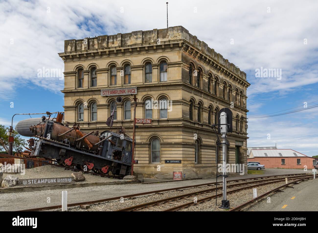 Oamaru, Otago, New Zealand: The Steampunk Headquarters at the entrance ...
