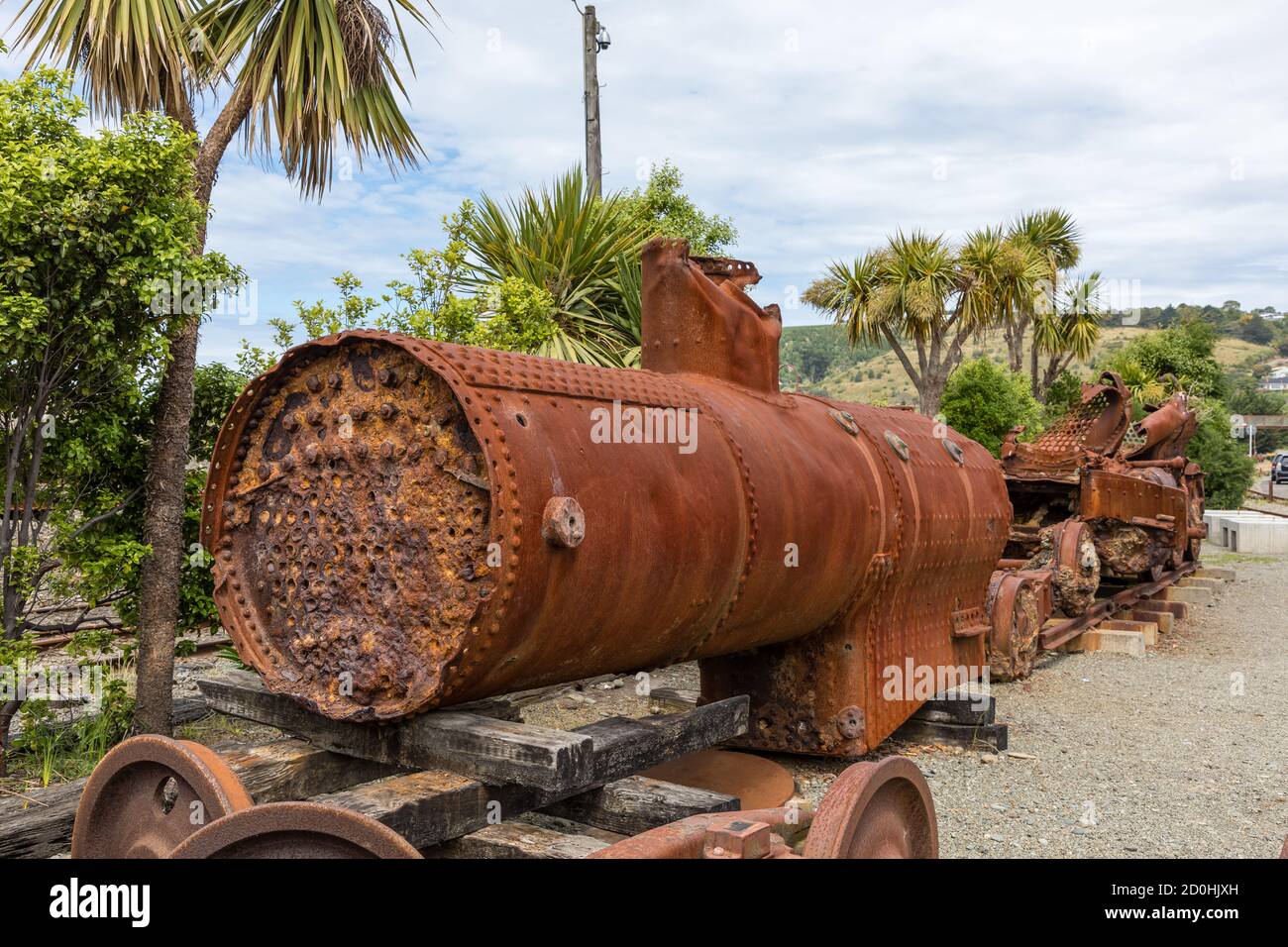 The heavily corroded boiler of a steam locomotive, waiting for ...
