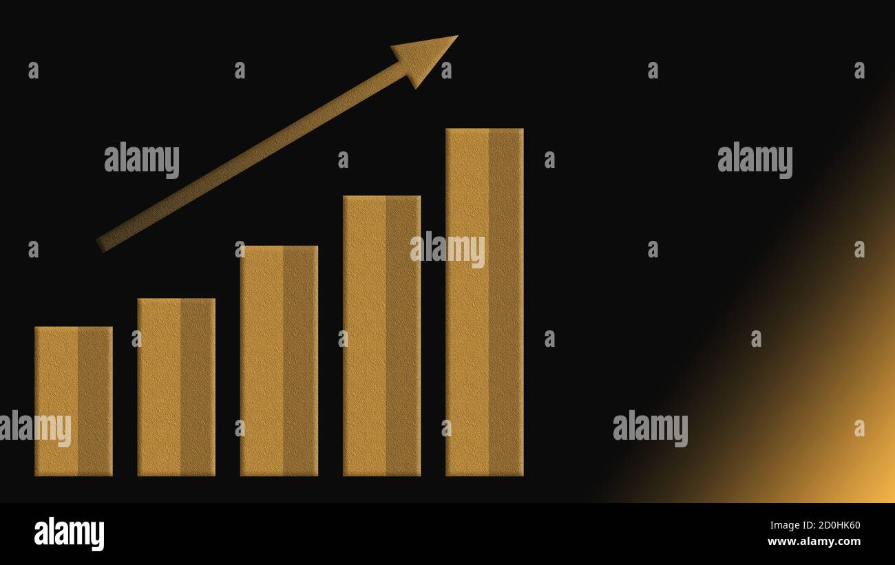 Growing bar graph with arrow. Black and gold. 3D rendering Stock Photo ...