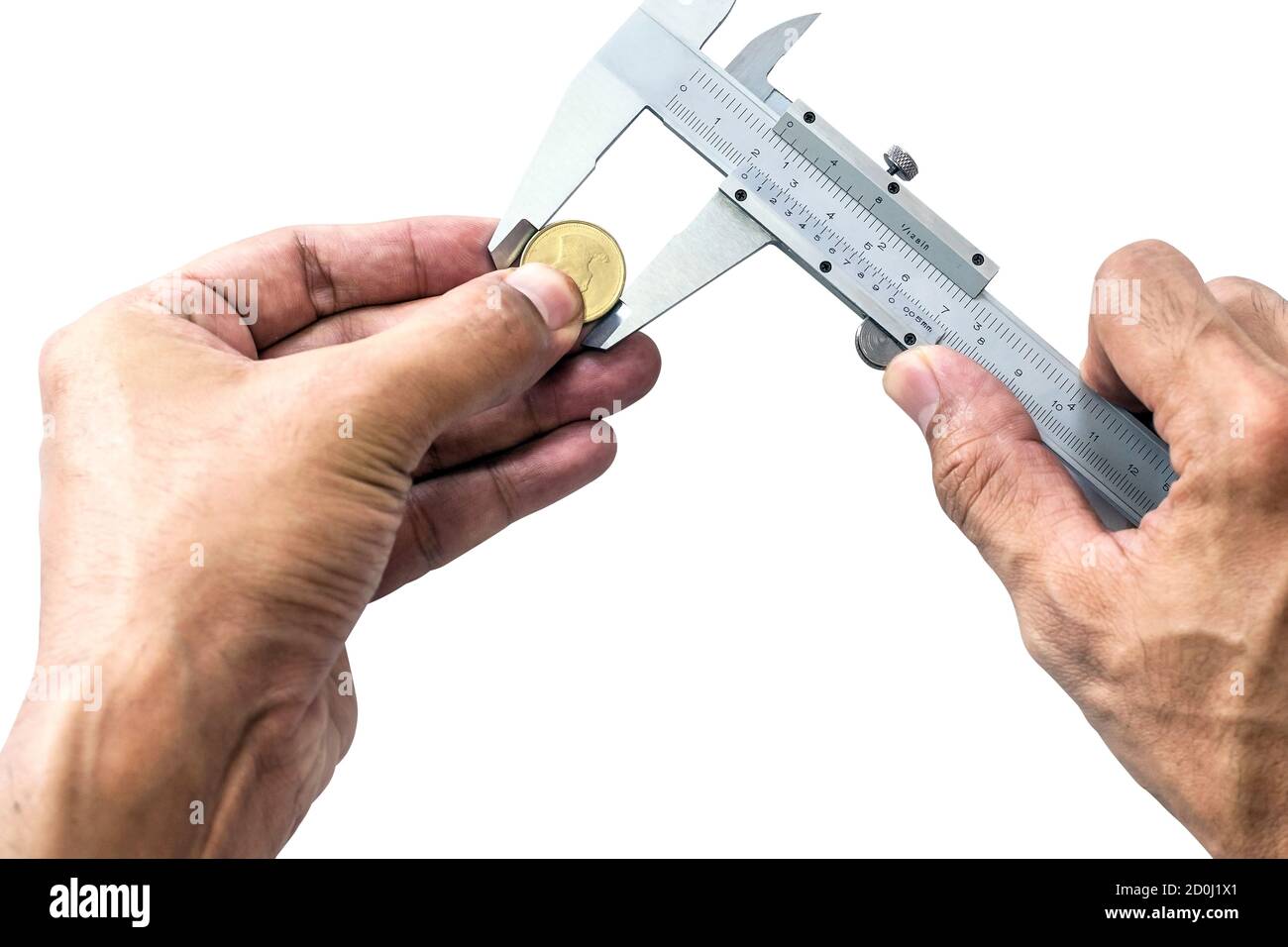 Closeup a man's hand is using Vernier to measure the size of a coin ...
