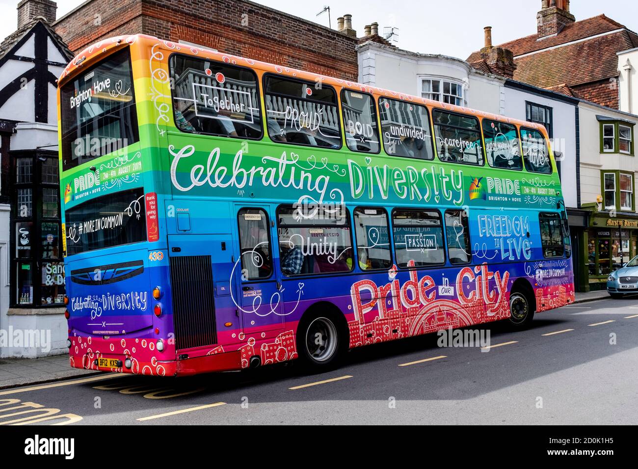 A Colourful Bus In The High Street, Lewes, East Sussex, UK Stock Photo ...