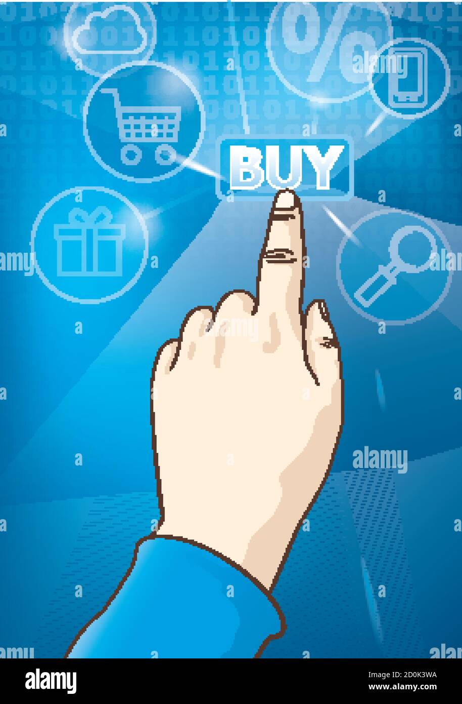 Vector illustration of a male hand touching the buy button on a touch ...