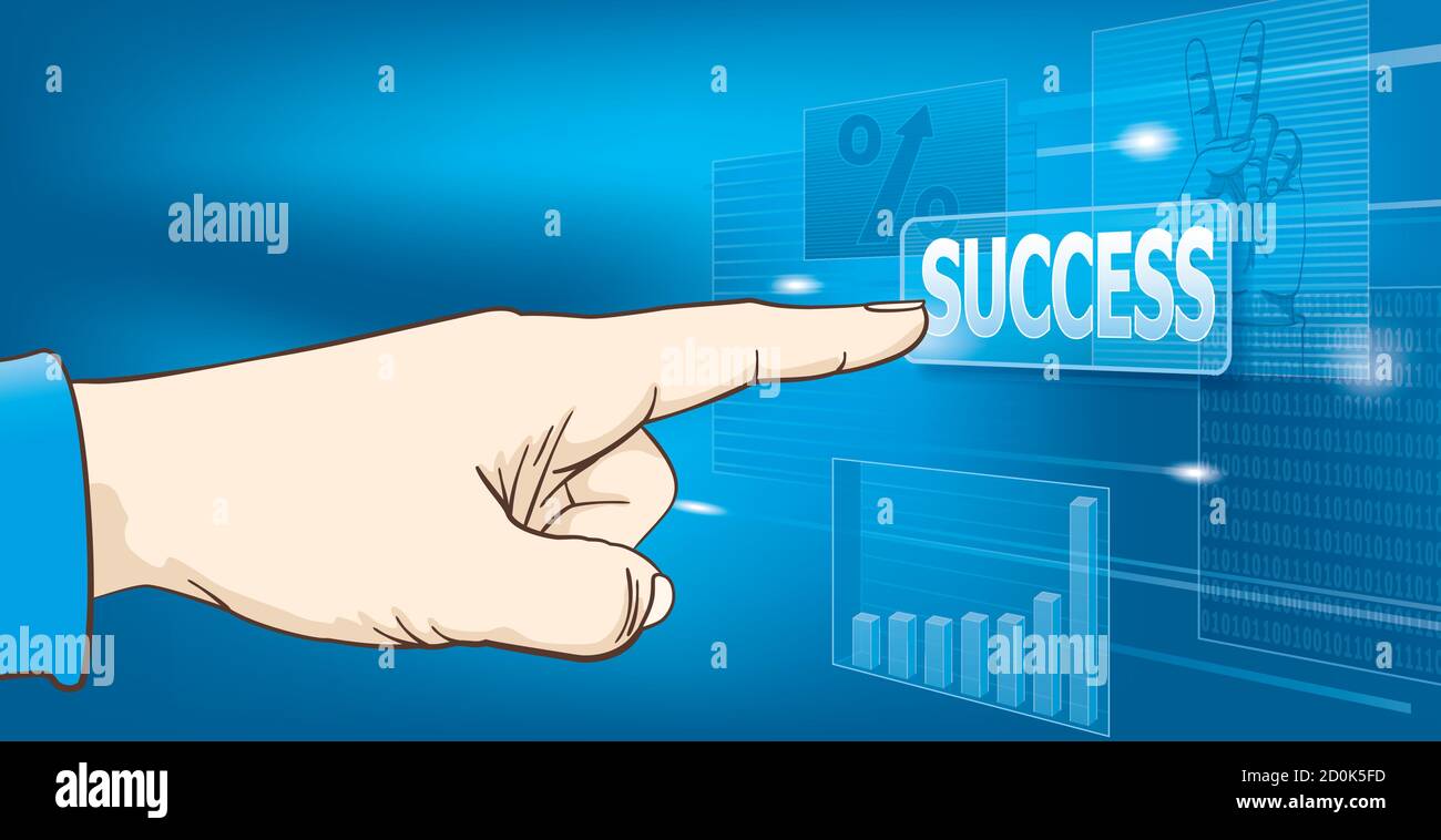 Vector illustration of a male hand touching on a touch screen success ...