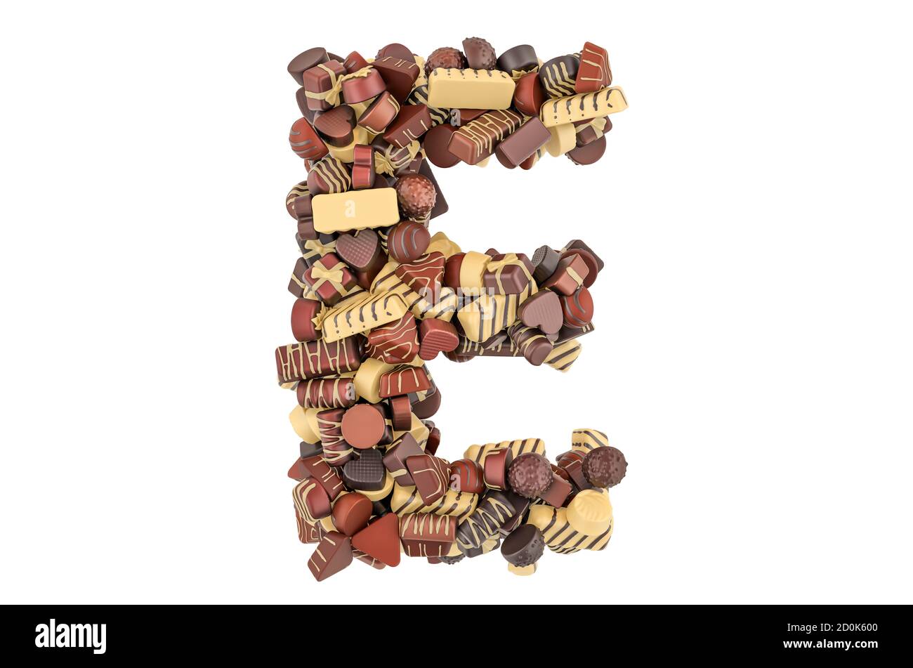 Letter E from chocolate candies. 3D rendering isolated on white ...