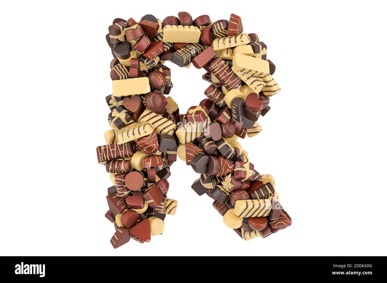 Letter R from chocolate candies. 3D rendering isolated on white ...