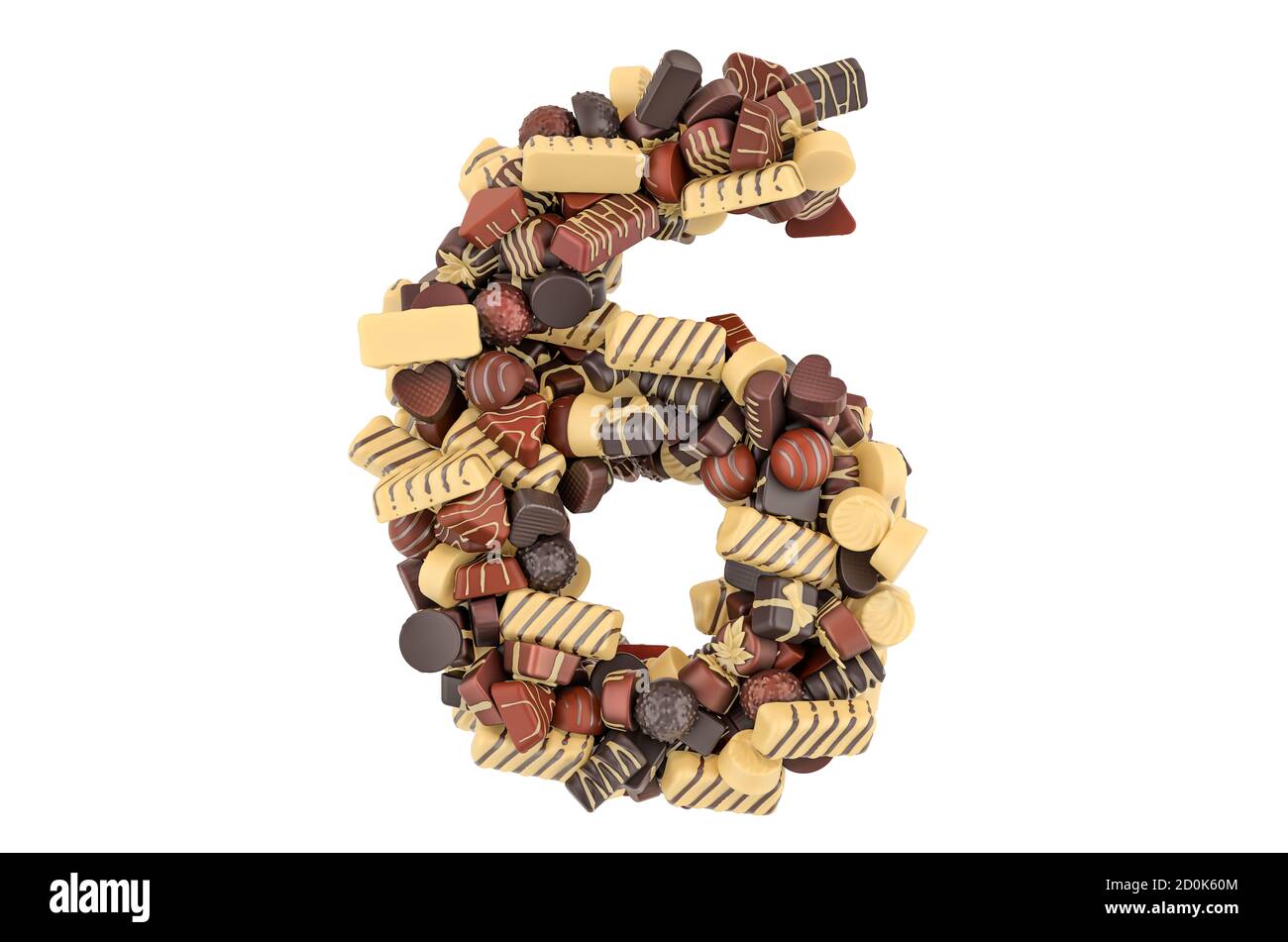 Number 6 from chocolate candies. 3D rendering isolated on white ...