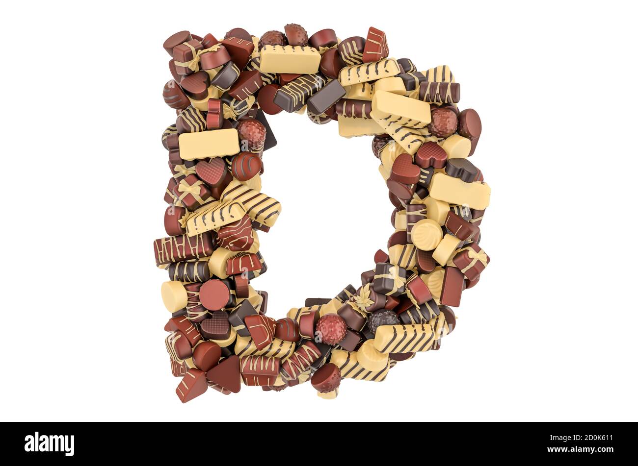Letter D from chocolate candies. 3D rendering isolated on white ...