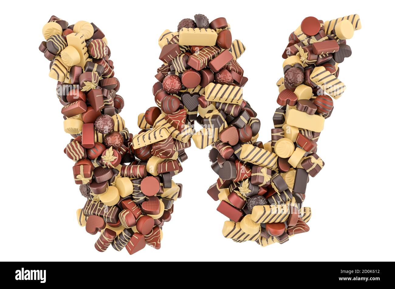 Letter W from chocolate candies. 3D rendering isolated on white ...