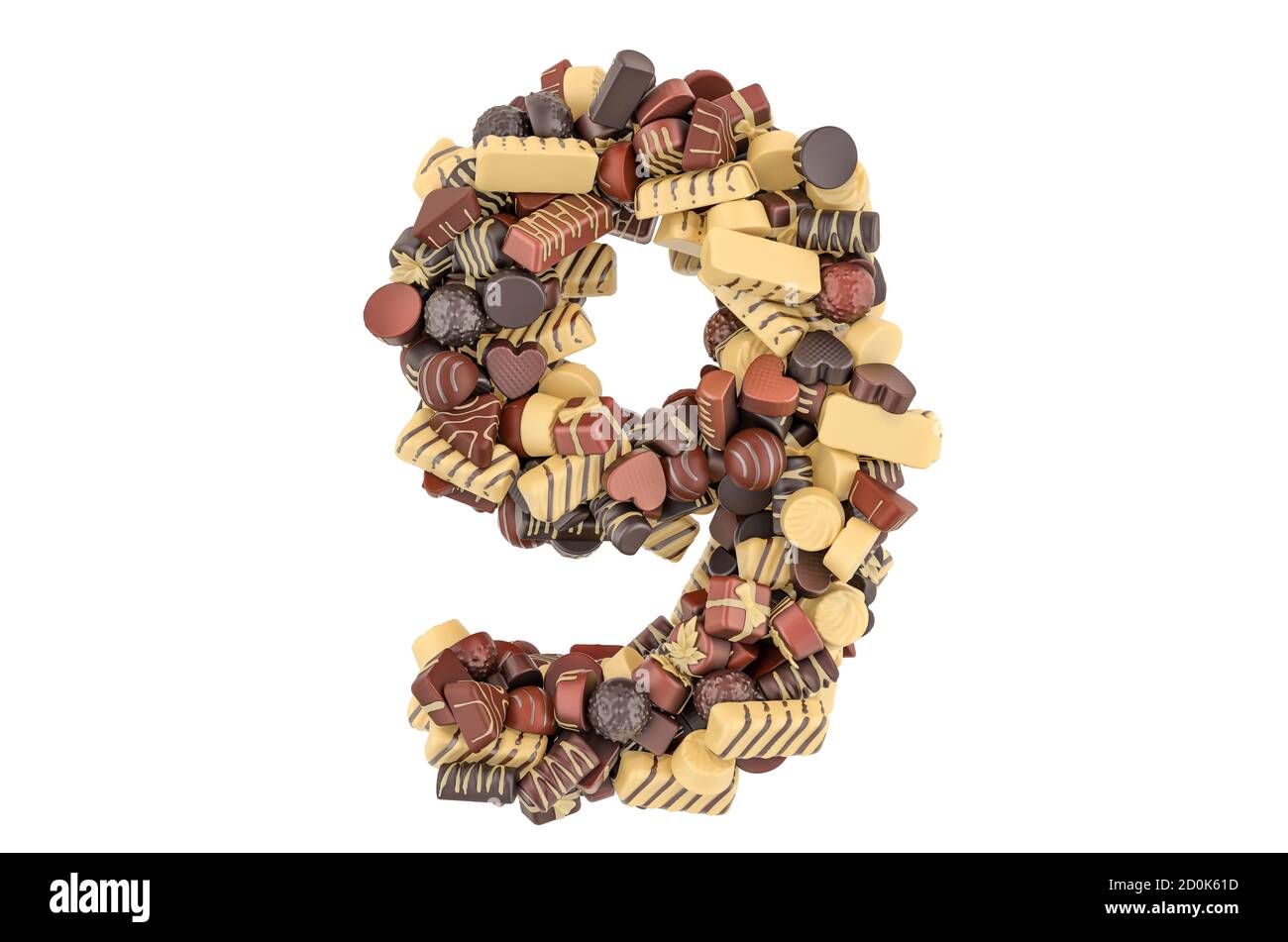 Number 9 from chocolate candies. 3D rendering isolated on white ...
