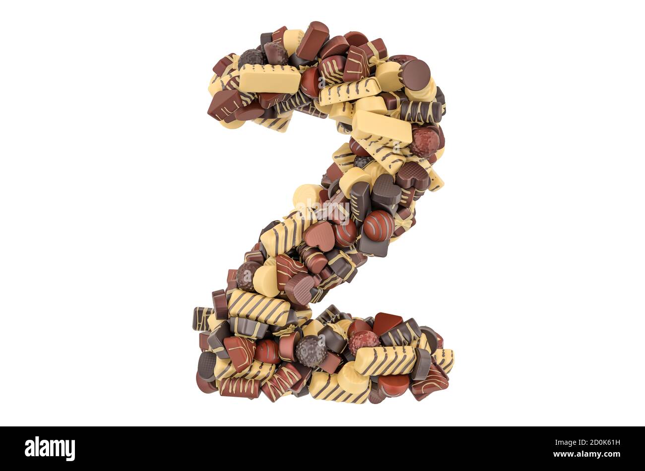 Number 2 from chocolate candies. 3D rendering isolated on white ...