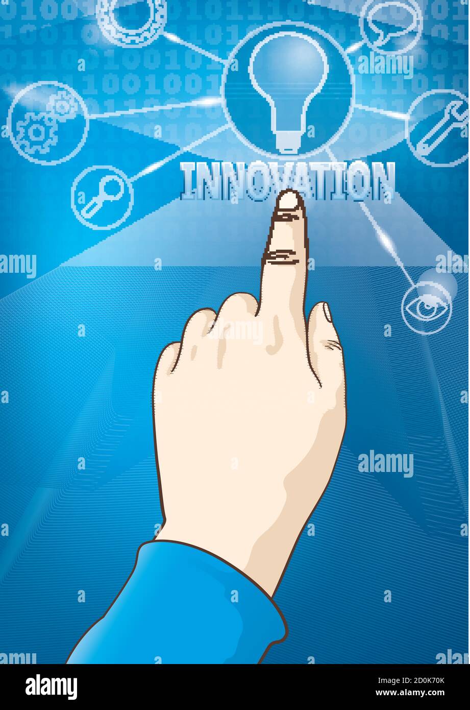 Vector illustration of a male hand touching the innovation button on a ...
