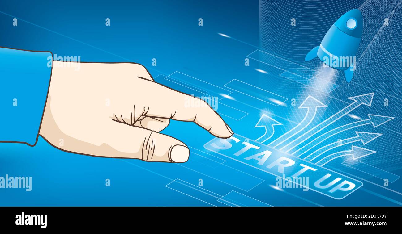 Vector illustration of a male hand touching the start-up button on a ...