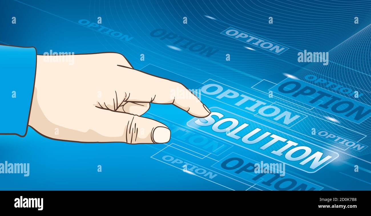 Vector illustration of a man’s hand pressing solution button on a touch ...