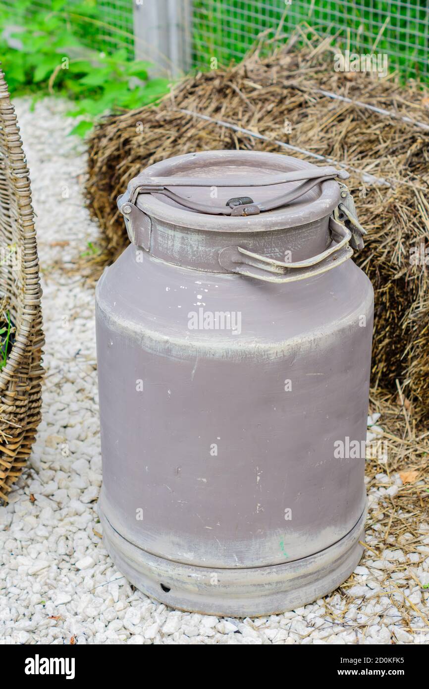 metal milk barrel or can on the farm ready to be transported to milk ...