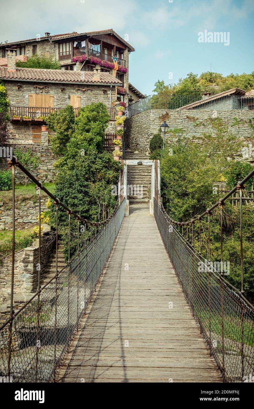 Pendant bridge in Rupit village, Spain Stock Photo - Alamy