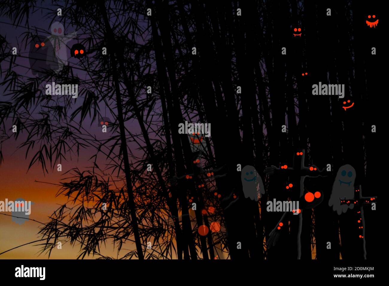 Silhouette bamboo tree and leaves on branch and colorful sunset sky ...