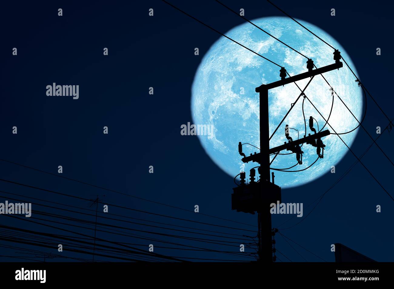 Super sturgeon blue moon back silhouette power electric line on night ...