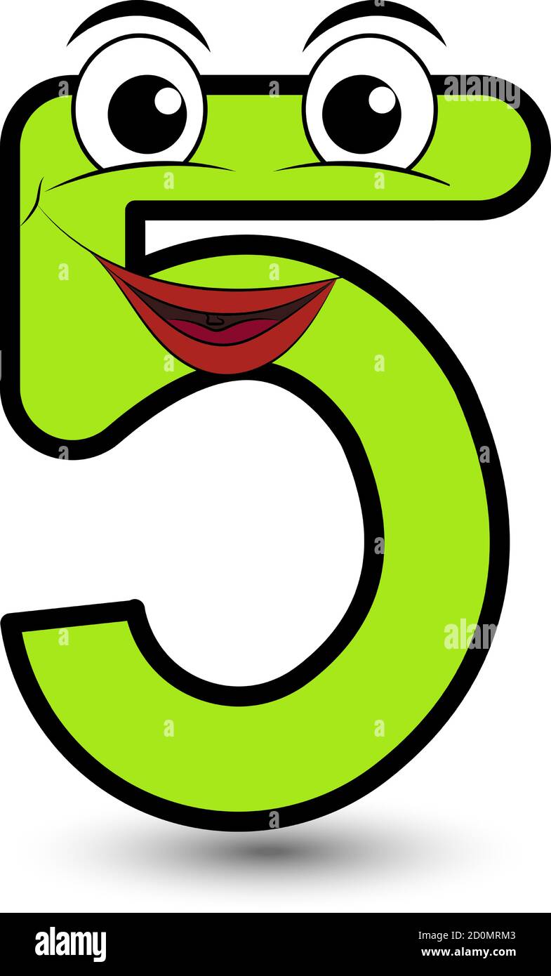 Funny hand-drawn cartoon styled font colorful light green number five ...
