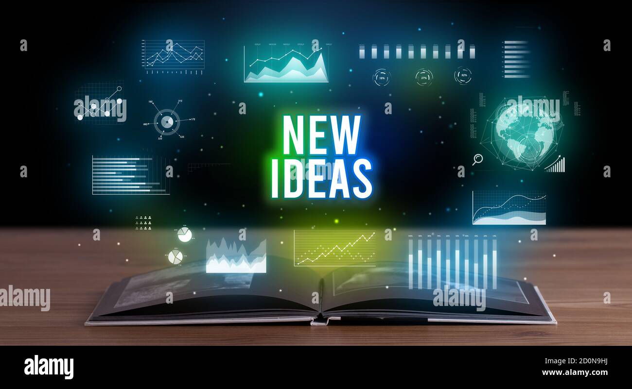 NEW IDEAS inscription coming out from an open book, creative business ...