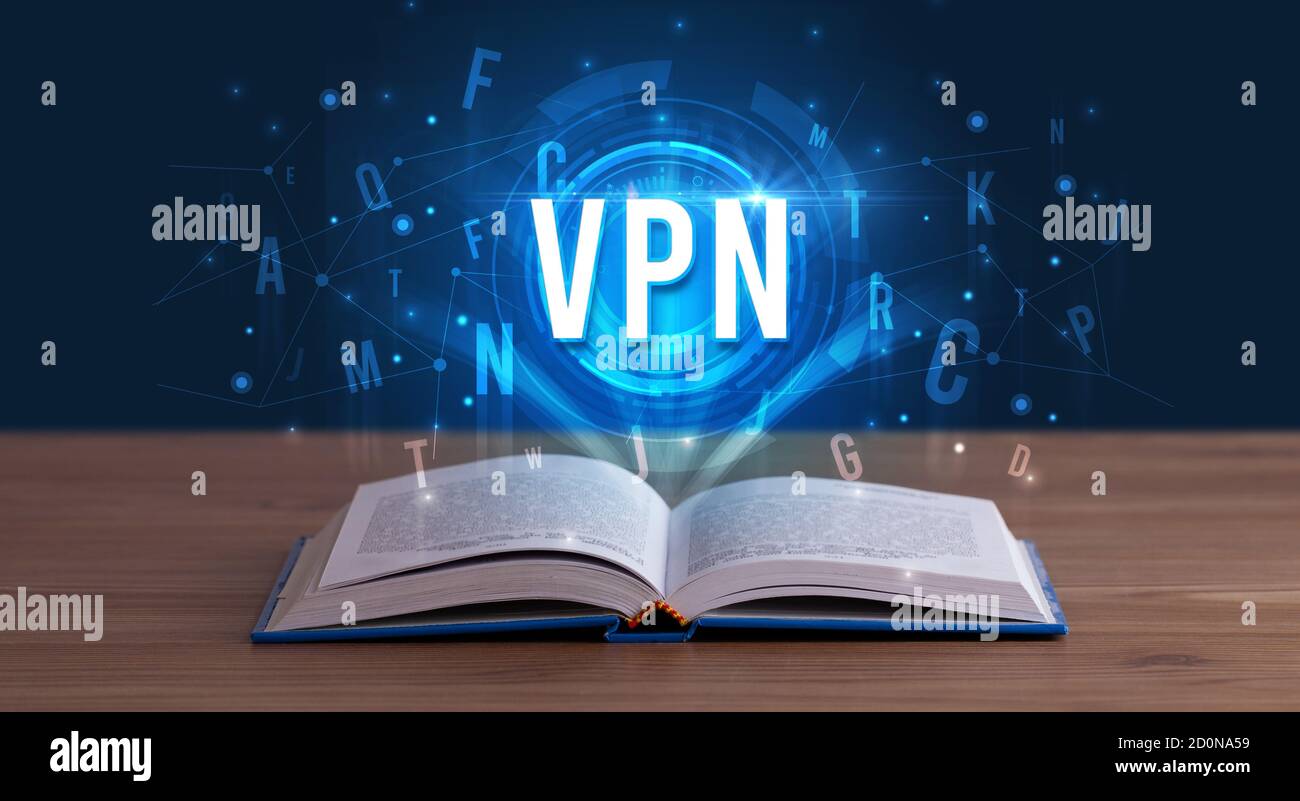 VPN inscription coming out from an open book, digital technology ...
