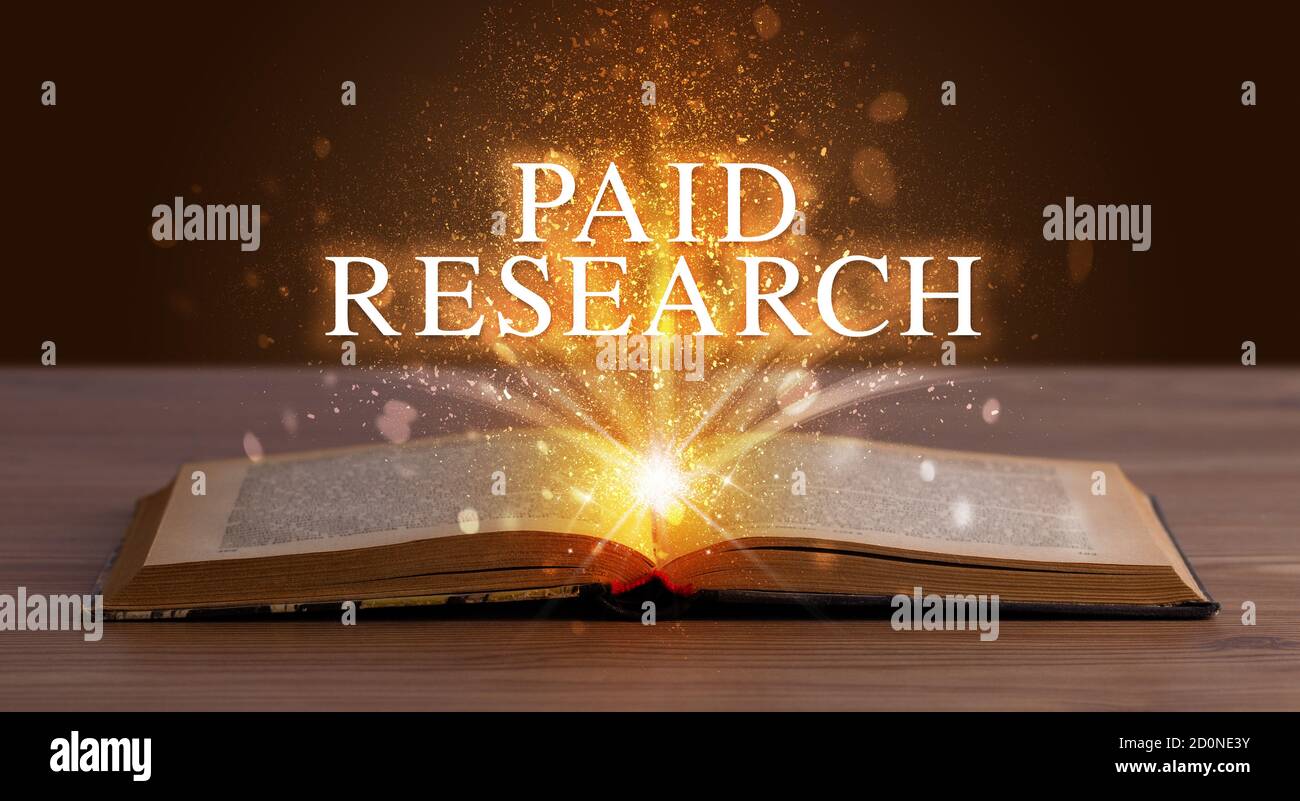 PAID RESEARCH inscription coming out from an open book, educational ...