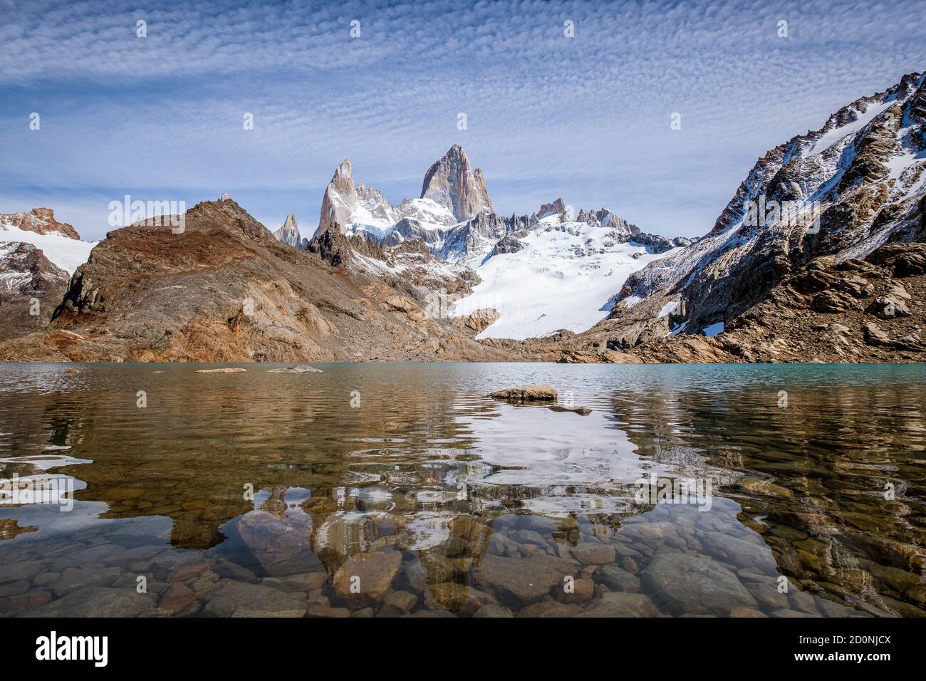 A panoramic view of the Fitz Roy mountain with the blue lake under it ...