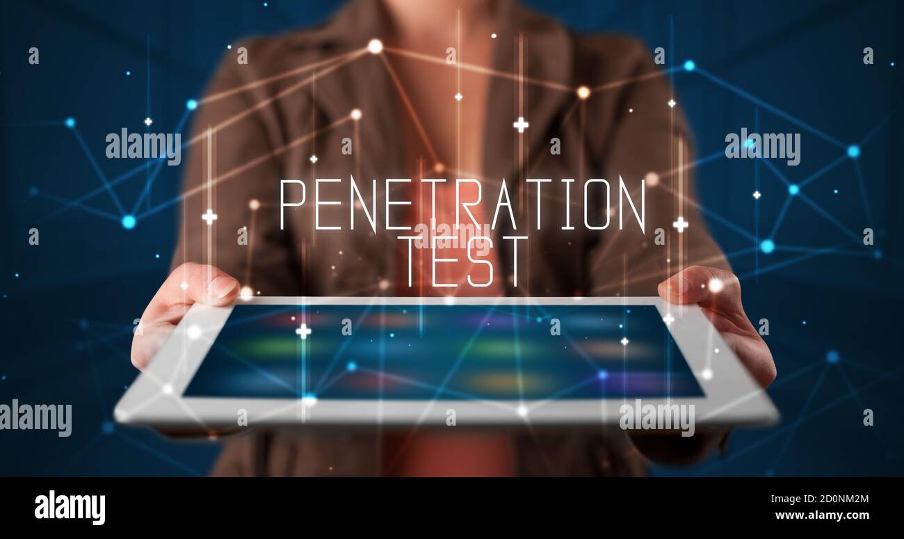 Young business person working on tablet and shows the digital sign ...