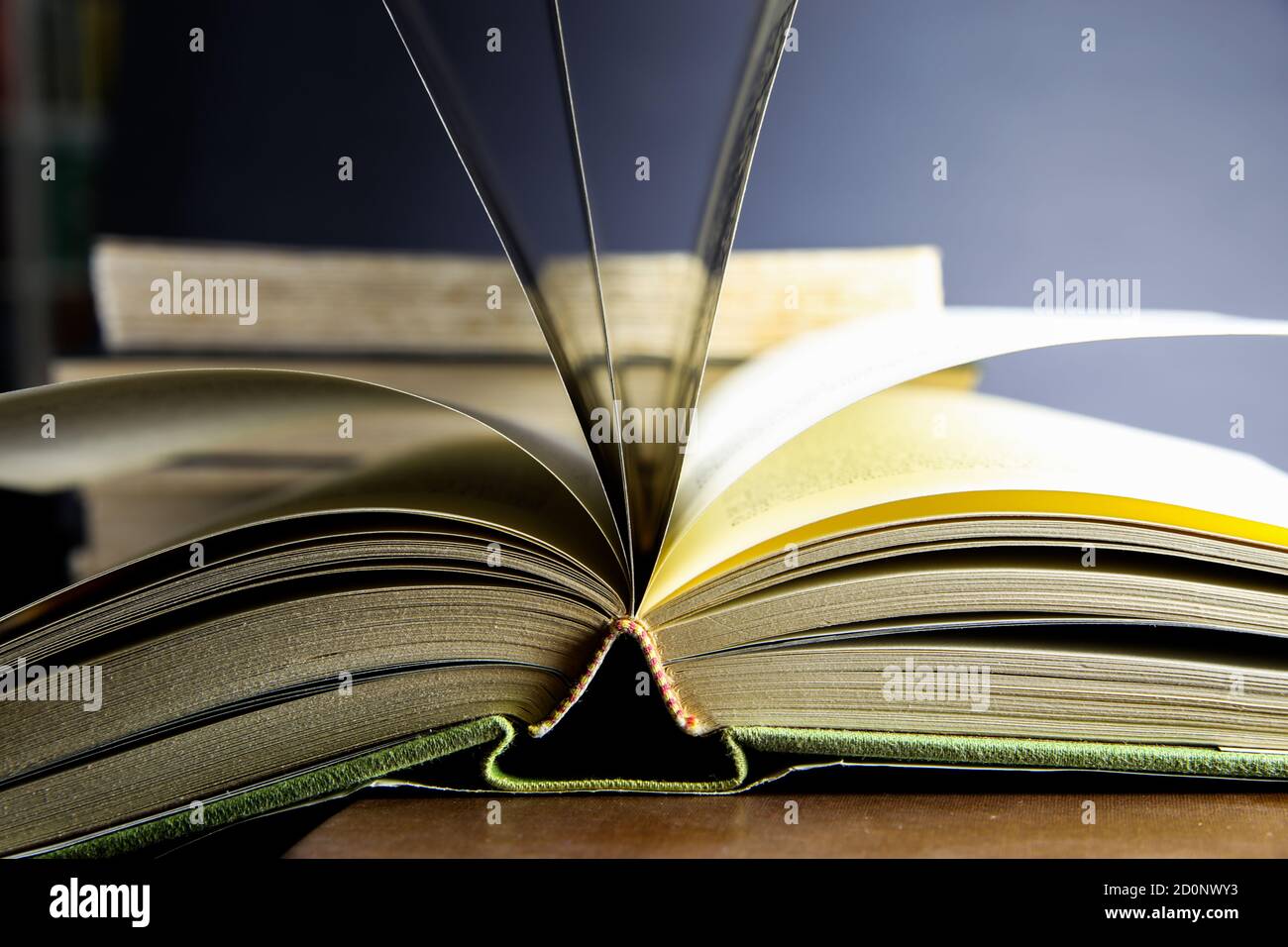 Close up of isolated open book hinge with flying pages, stack of ...