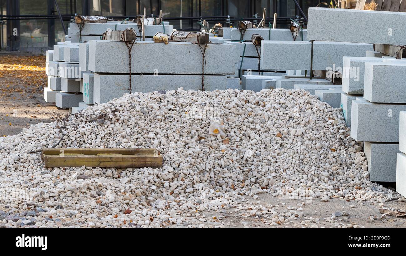Small construction site. Cement blocks on the ground, ready for ...