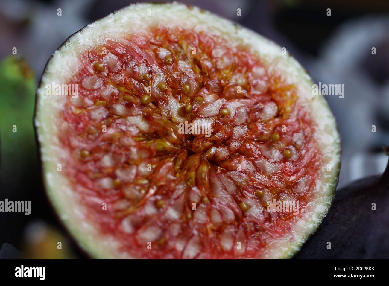 Macro closeup of isolated fresh ripe sliced half fig fruit Stock Photo ...