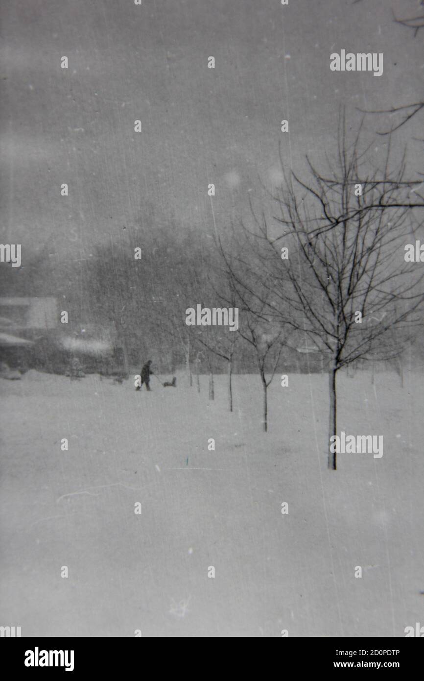 Fine 1970s vintage black and white photography of a snow storm swarming ...