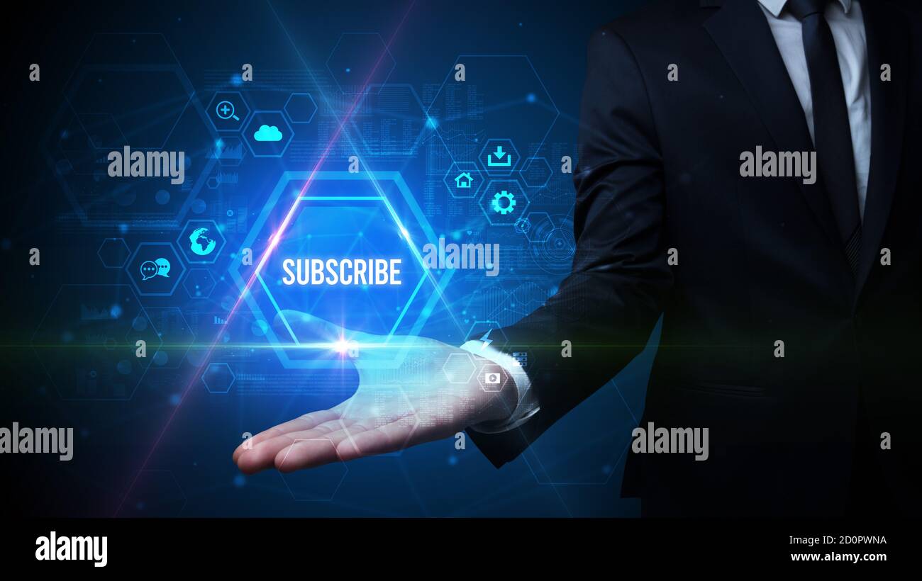 Man hand holding SUBSCRIBE inscription, social media concept Stock ...