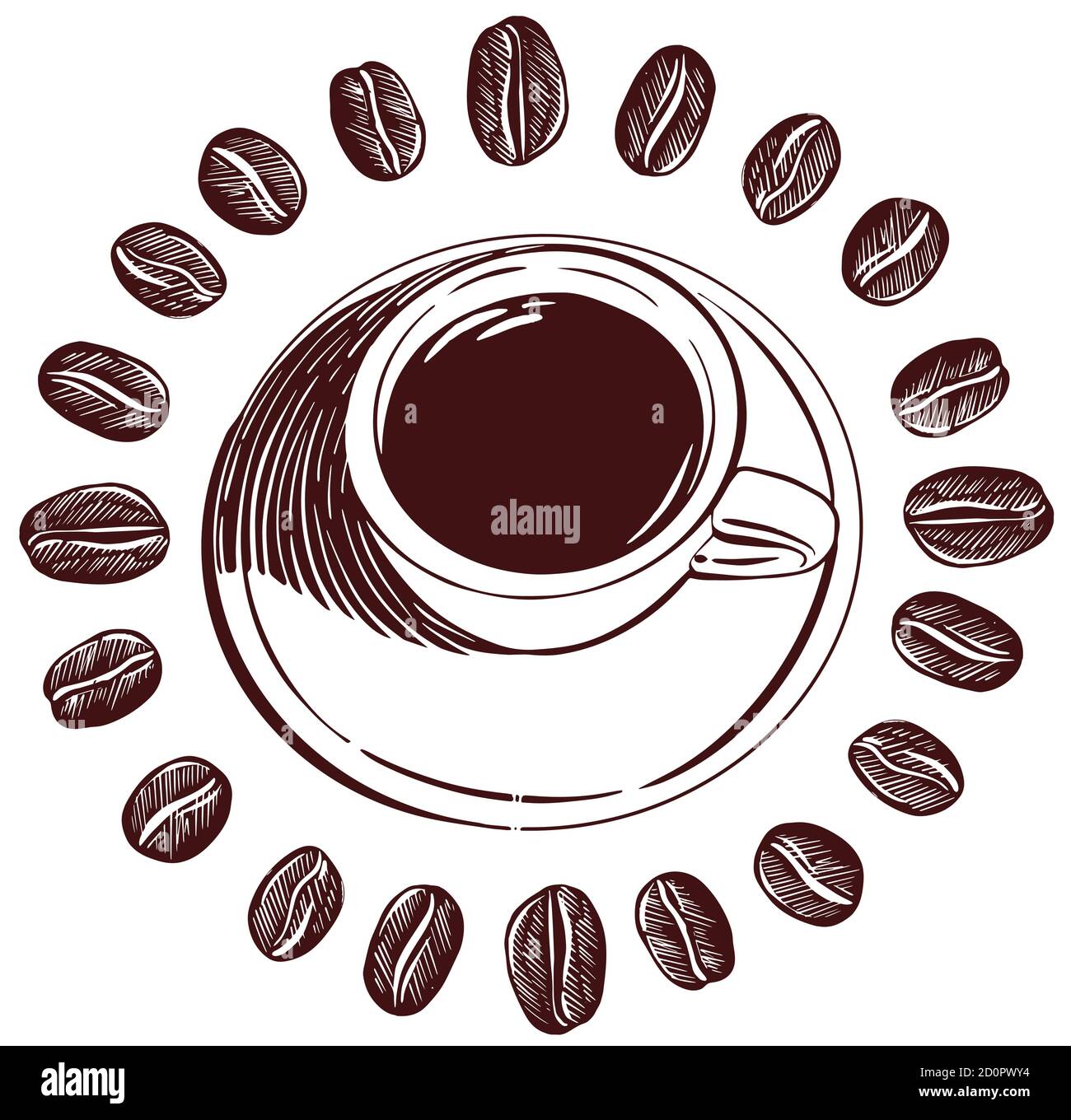 Round frame from coffee beans and Cup of espresso . Sketch style Vector ...
