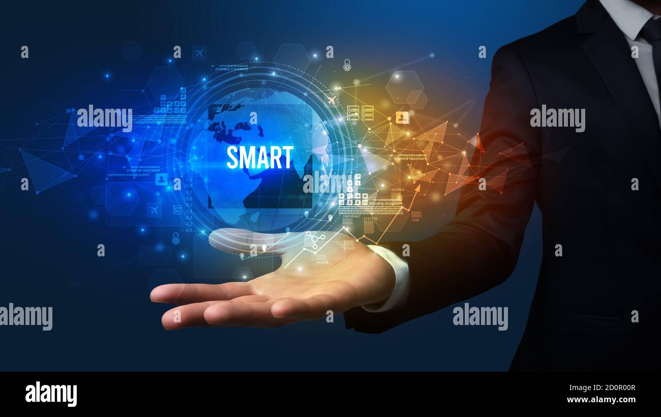 Elegant hand holding SMART inscription, digital technology concept ...