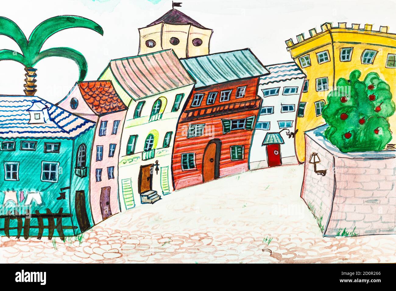 hand-drawn street in european town handpainted by watercolors on white ...