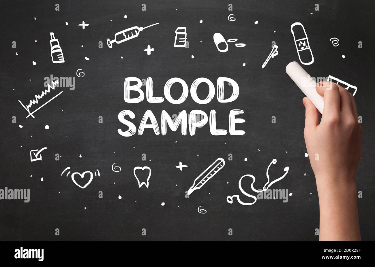 Hand drawing BLOOD SAMPLE inscription with white chalk on blackboard ...