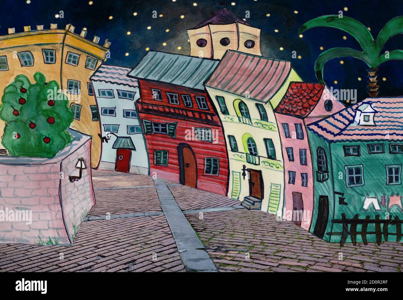 collage from handpainted cityscape and night sky and photo of pavement ...