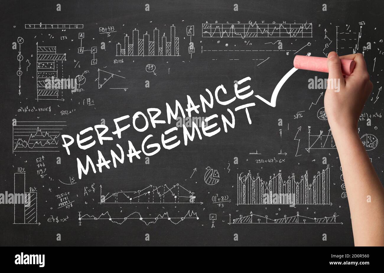 Hand drawing PERFORMANCE MANAGEMENT inscription with white chalk on ...
