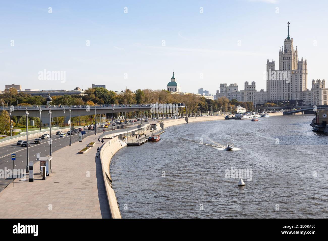 above view of Moskvoretskaya Embankment of Moskva river near Zaryadye ...