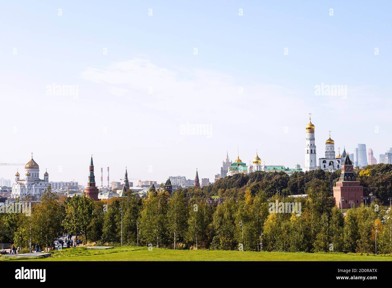 blue autumn sky over Zaryadye landscape urban public park, Kremlin and ...