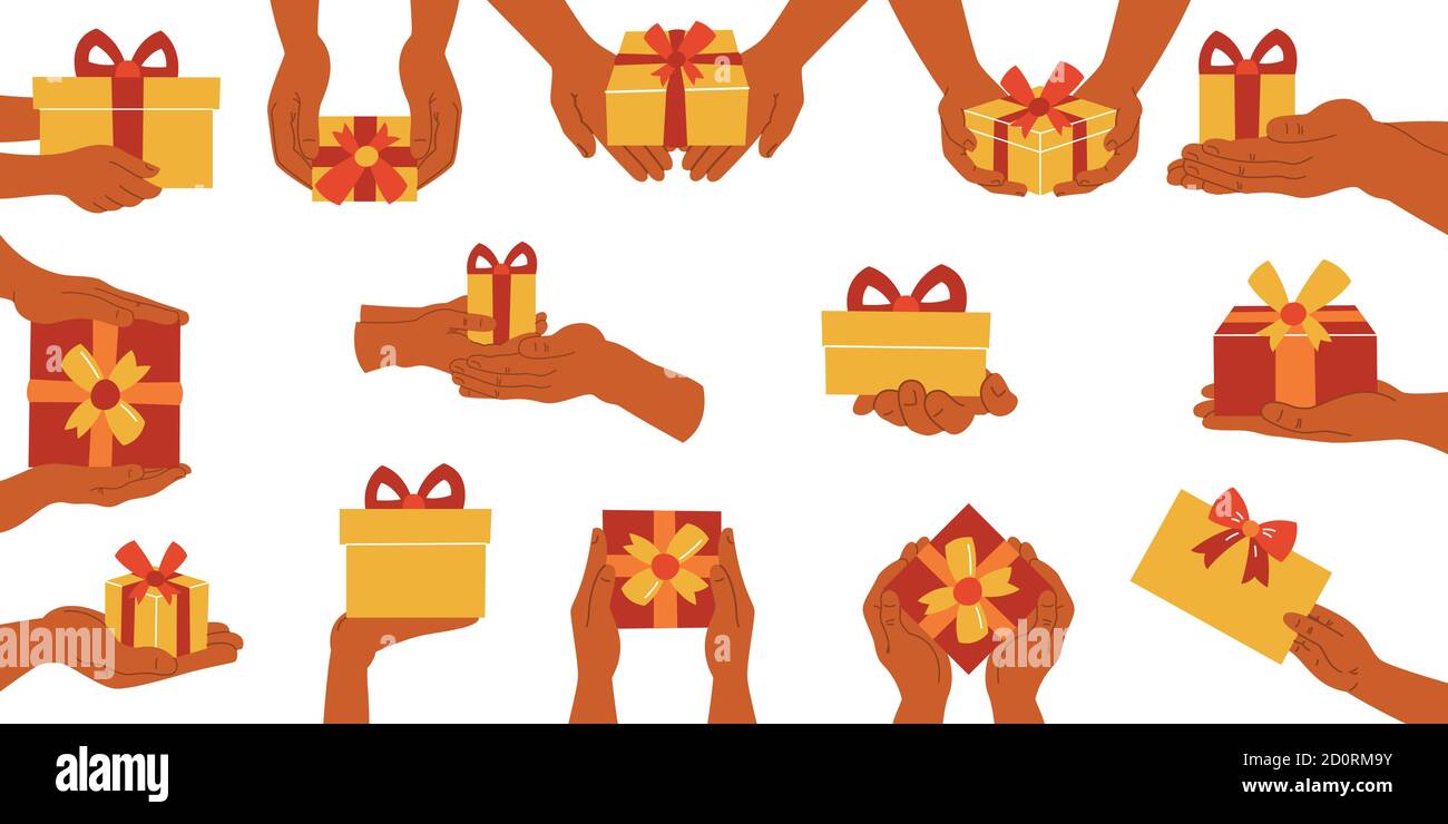 Set of gift boxes in hands on a white isolated background. Icon. Icons ...