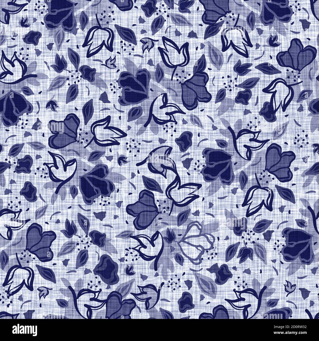 Indigo blue flower block print dyed linen texture background. Seamless ...